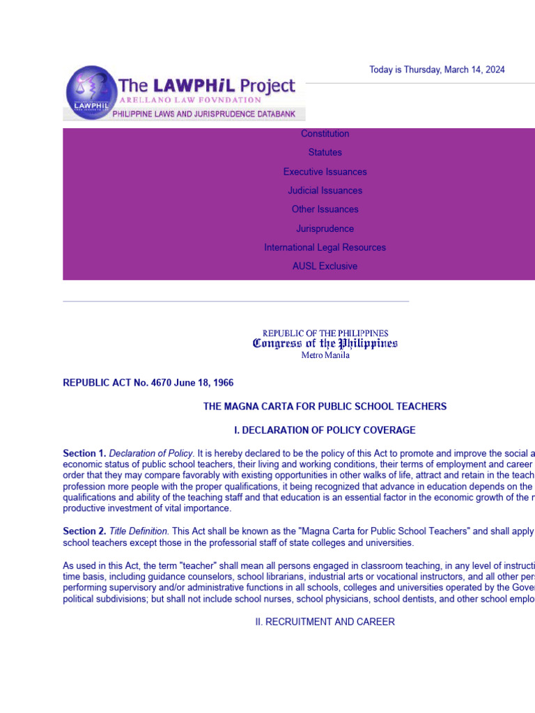 RA-4670 Magna Carta | PDF | Cost Of Living | Teachers