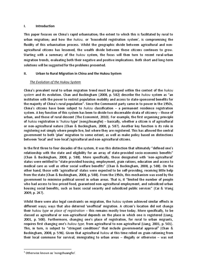 Urban To Rural Migration in China and The Hukou System Final | PDF ...