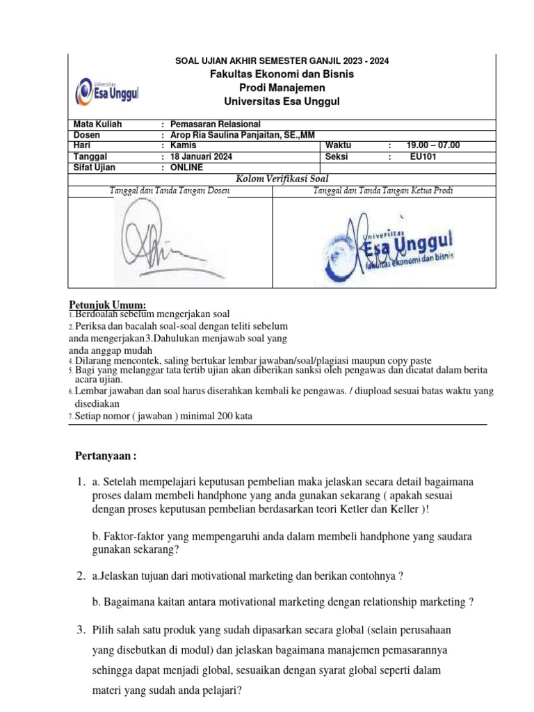 Uas Pemasaran Relasional Ganjil 2024 (Upd) | PDF | Karier & Perkembangan | Bisnis