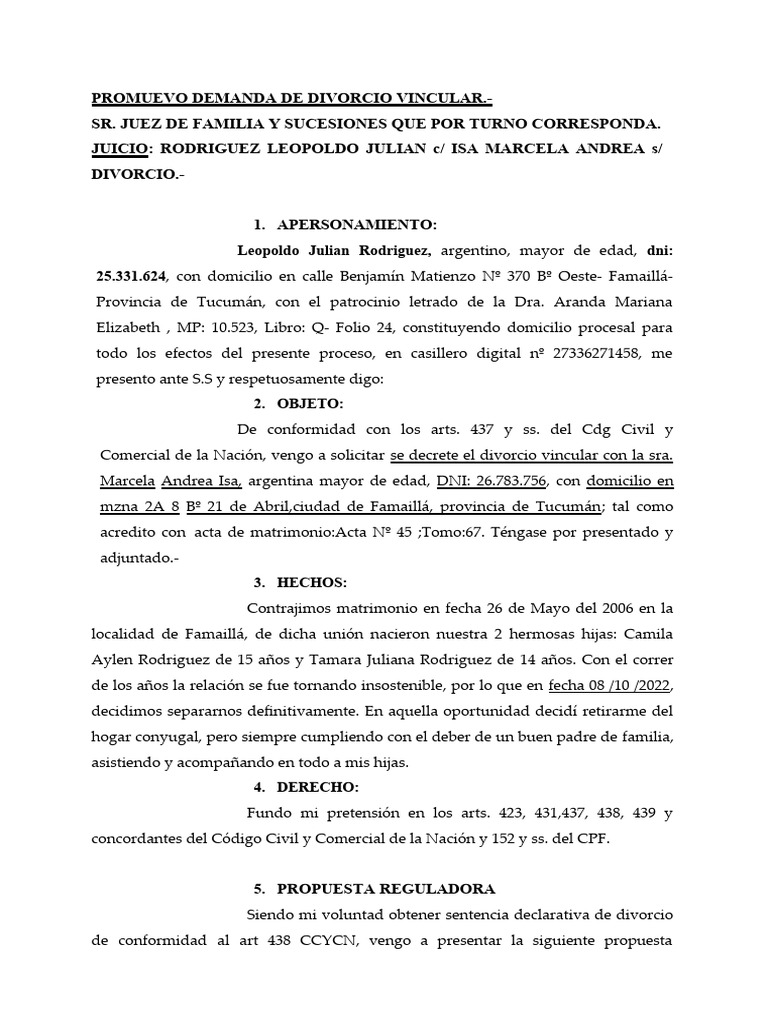INICIO DEMANDA DE DIVORCIO | PDF | Divorcio | Documento de identidad