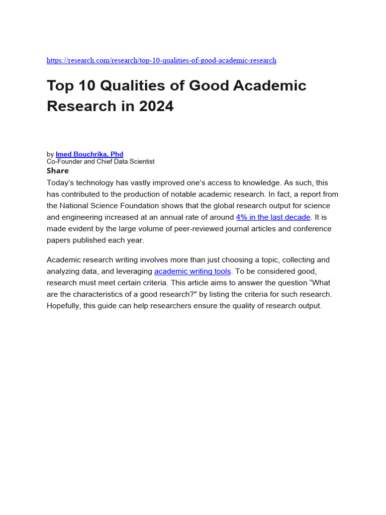 Top 10 Qualities of Good Academic Research in 2024 | PDF | Methodology ...