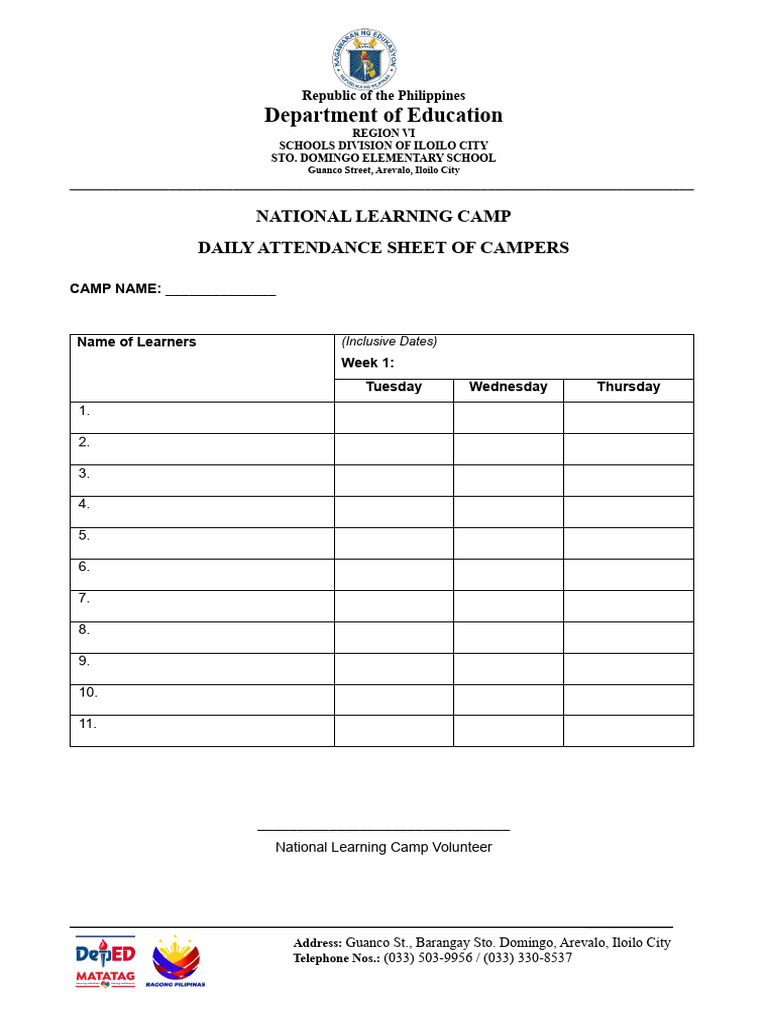 National Learning Camp Attendance Sheet | PDF