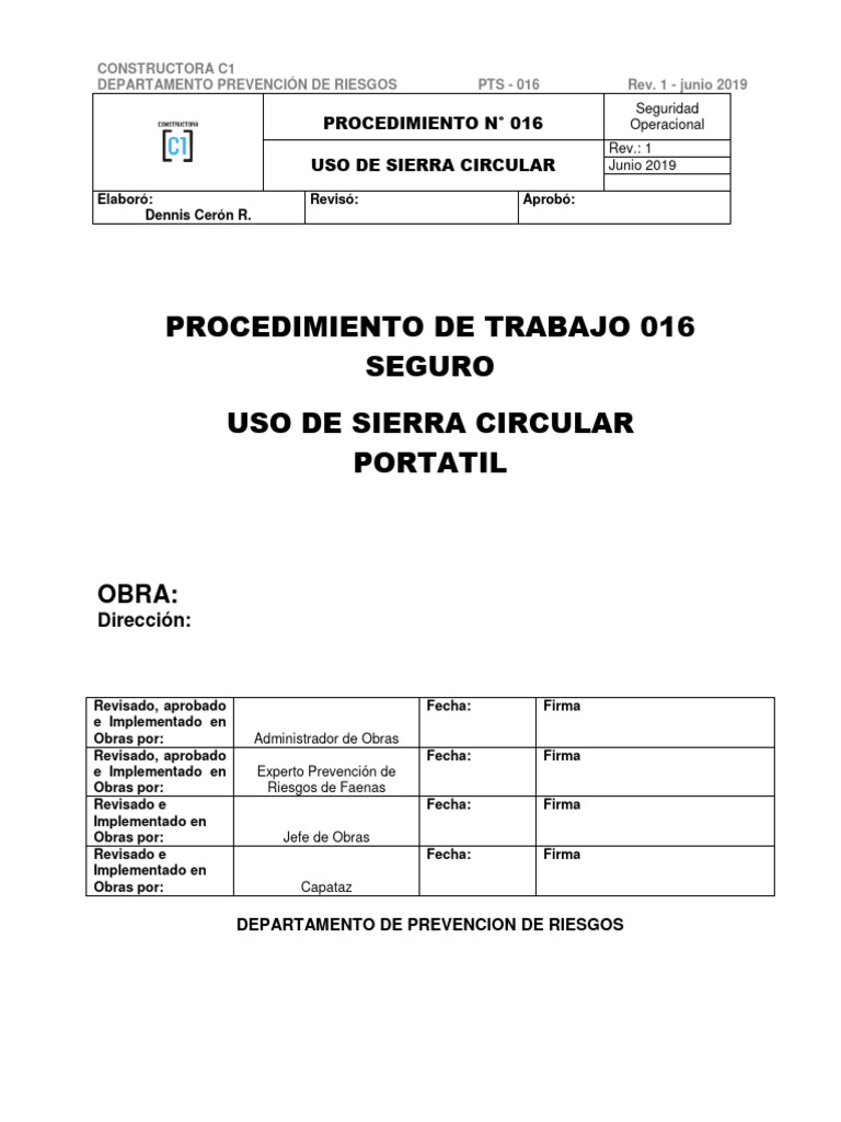 PTS - 016 USO DE SIERRA CIRCULAR PORTATIL Rev. 1 - Marzo 2018 | PDF | Cambiar | Enchufes y tomas ...