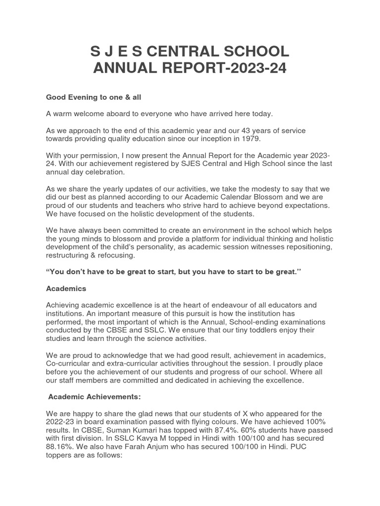 SJES Central School Annual Report 2023-24 | PDF