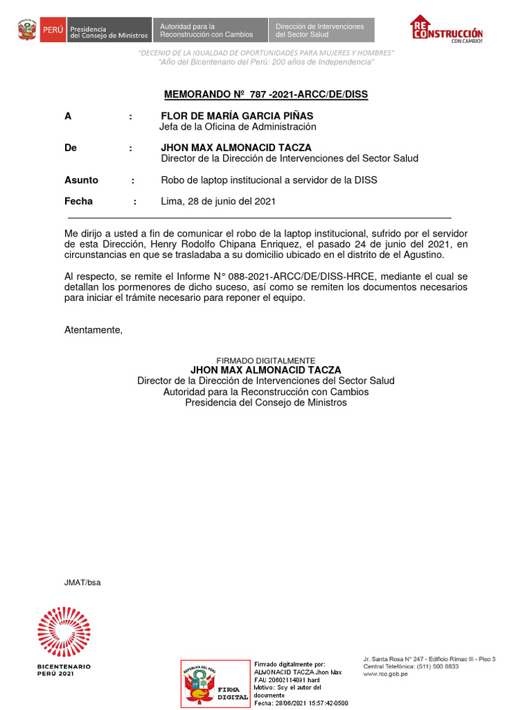 Memorando 00787 2021 Arcc de Diss 399 | PDF | Hardware de la computadora