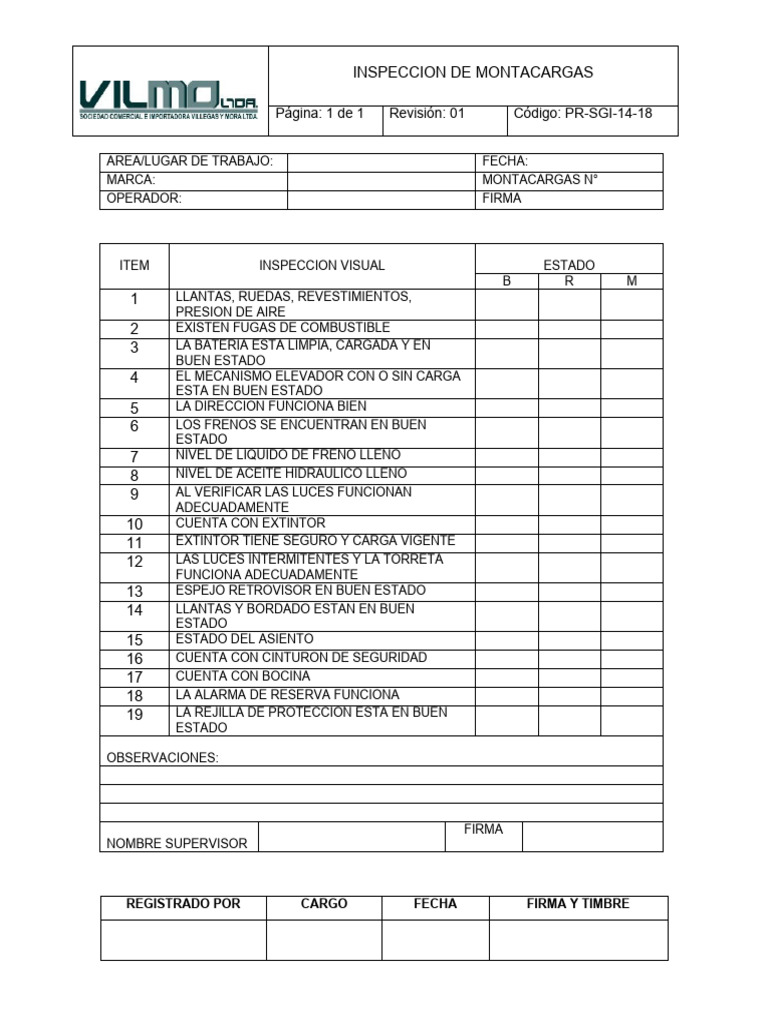 INSPECCION DE MONTACARGAS | PDF INSPECCION DE MONTACARGAS | PDF