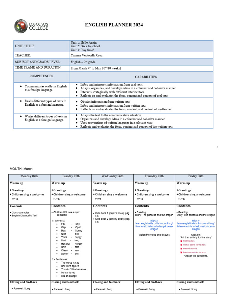 English Planner - 2nd Grade | PDF | Human Communication