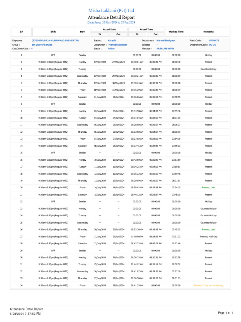 Attendance Report for RAJA MUHAMMAD SHEHERYAR | PDF