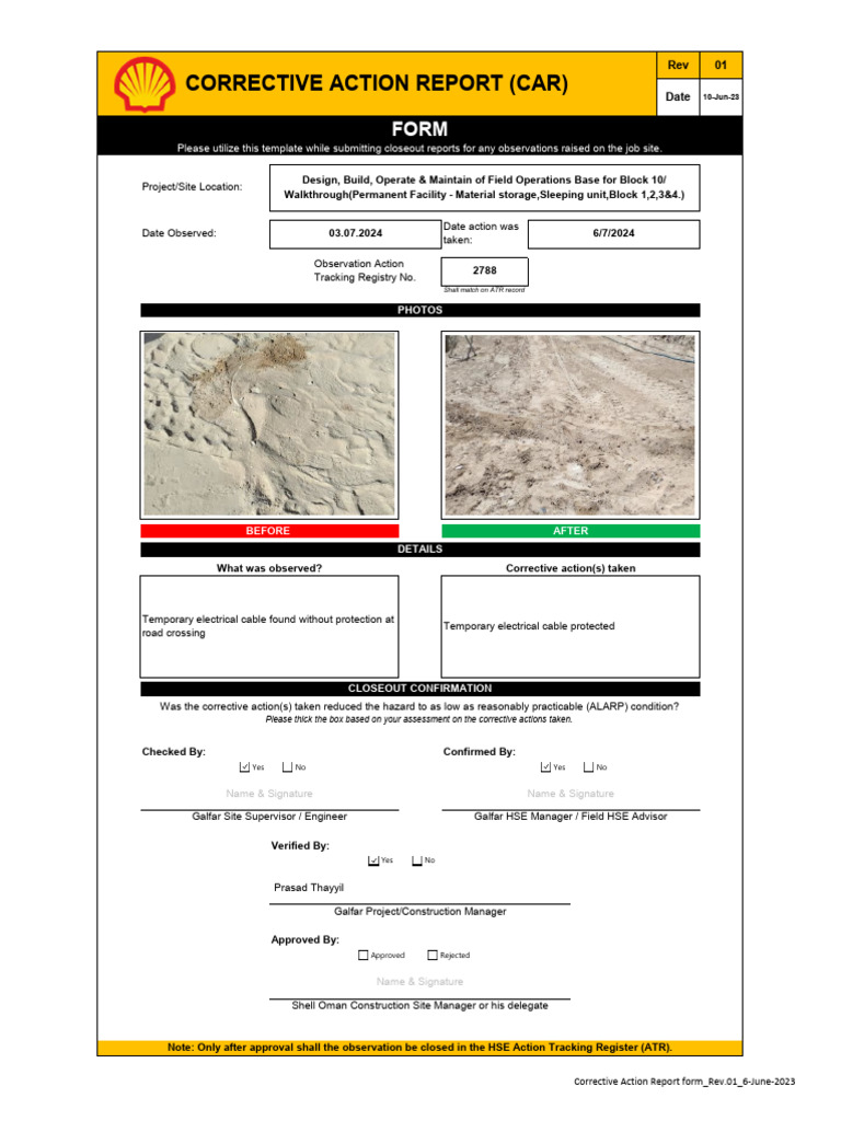 Corrective Action Report (CAR) - Team-01 Walkthrough-03.07.2024 | PDF