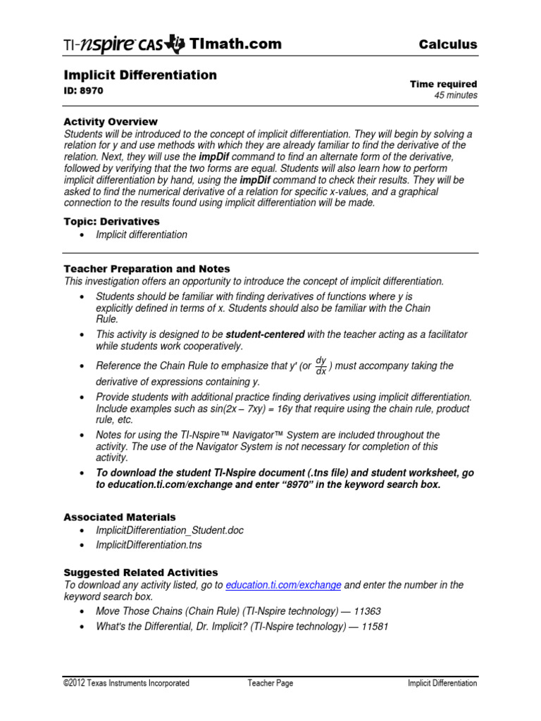 Ti-Nspire Implict Differentiation | PDF | Derivative | Tangent Ti-Nspire Implict Differentiation | PDF | Derivative | Tangent