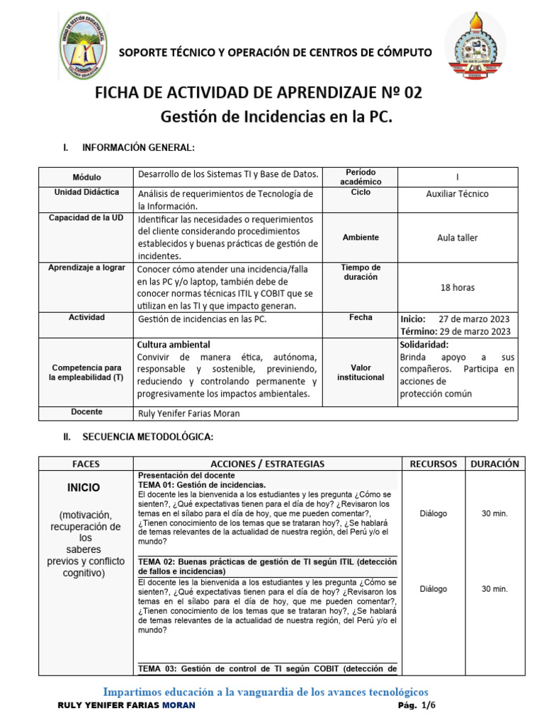 FICH - ACT2 - MD1 - UD1 - Gestión de Incidencias en La PC. | PDF | Itil | Maestros