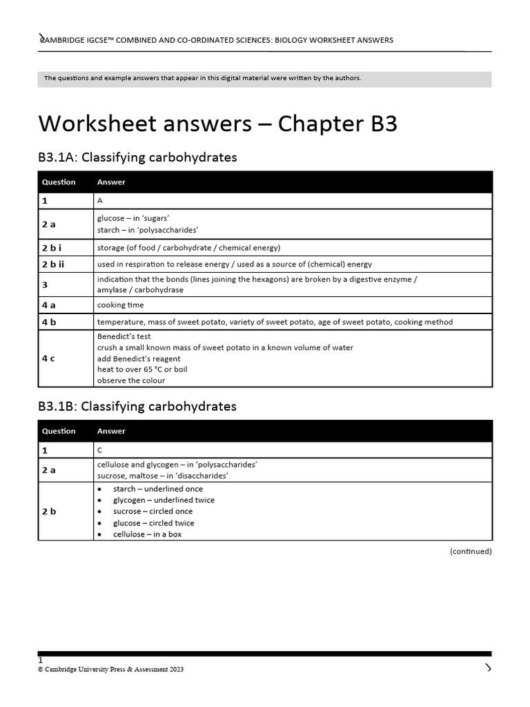 Igcse Ccsbio 2ed TR Ws Answers 3 | PDF | Carbohydrates | Starch
