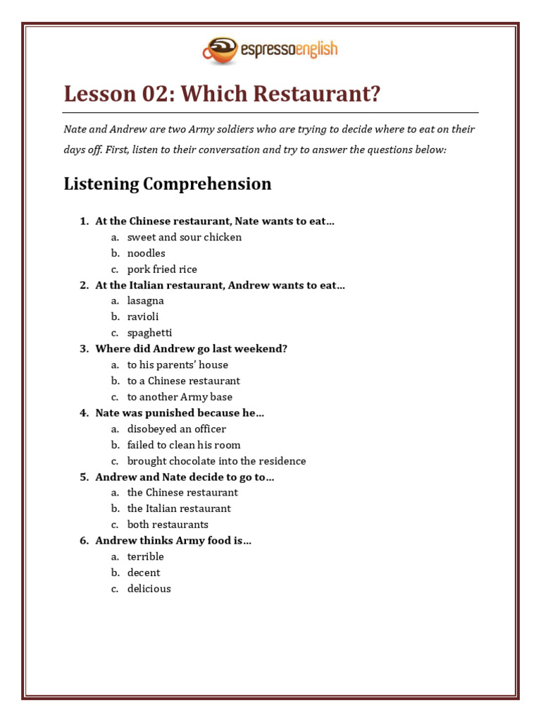 Lesson 02 - Which Restaurant | PDF | Foods | Cuisine