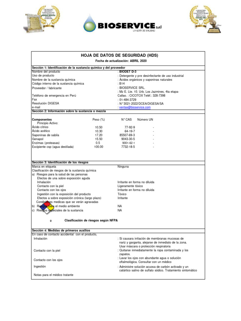BIODET - Hoja de seguridad MSDS | PDF | Agua | Solubilidad
