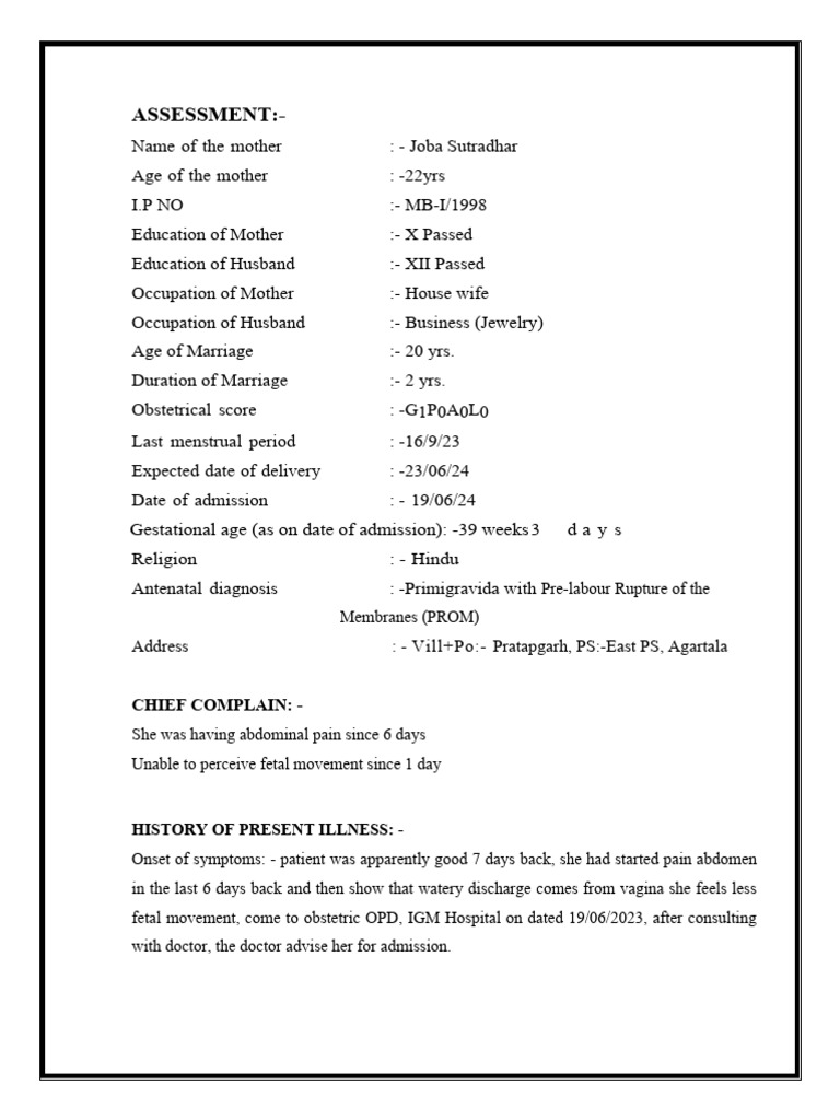 Antenatal Case Study: PROM in Primigravida | PDF | Pregnancy | Childbirth