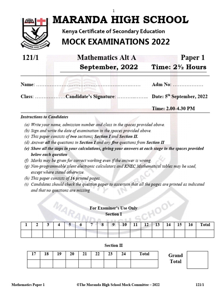 Mathematics P1 QS Maranda High School Mock 2022 | PDF | Circle | Area