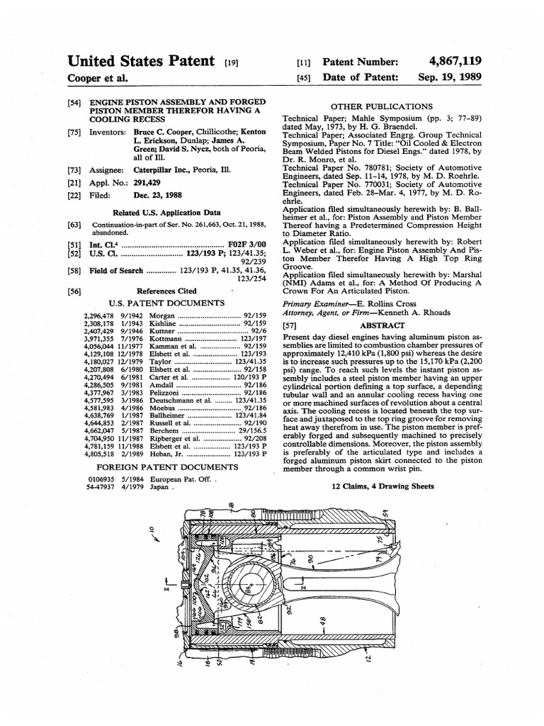 US4867119A - Engine Piston Assembly and Forged Piston Member Therefor ...