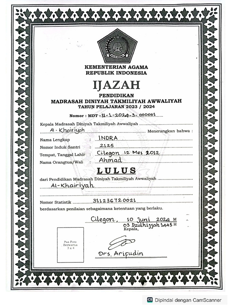Contoh Penulisan Ijazah MDTA 2024 | PDF