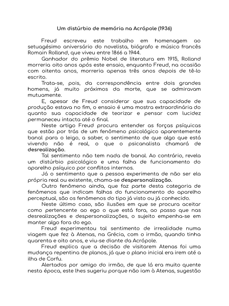 Distúrbio de Memória na Acrópole | PDF | Sigmund Freud | Prazer