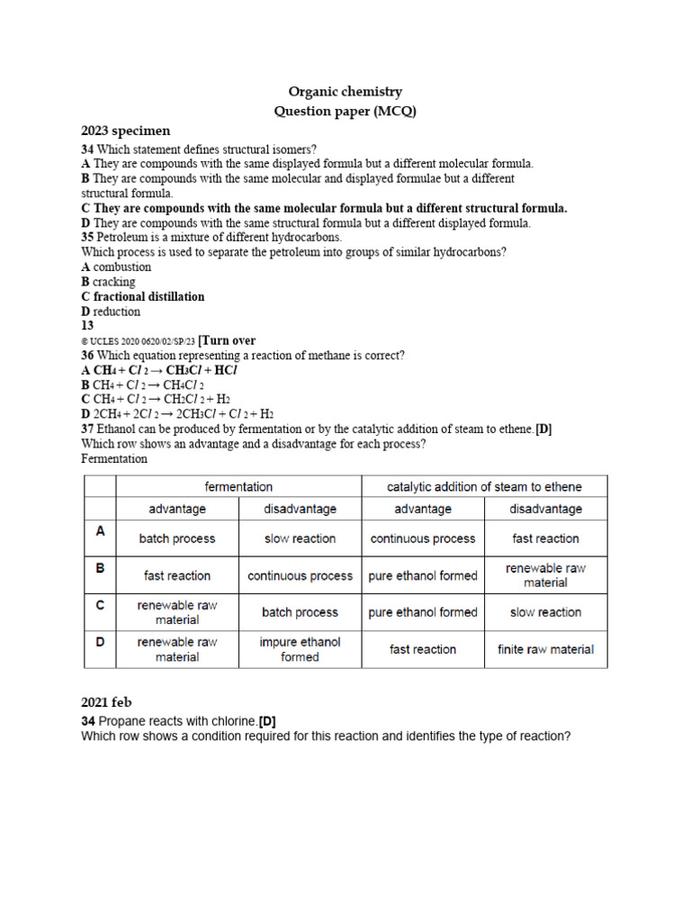 Organic Chemistry Question Paper (MCQ) 2023 Specimen: © UCLES 2020 0620 ...