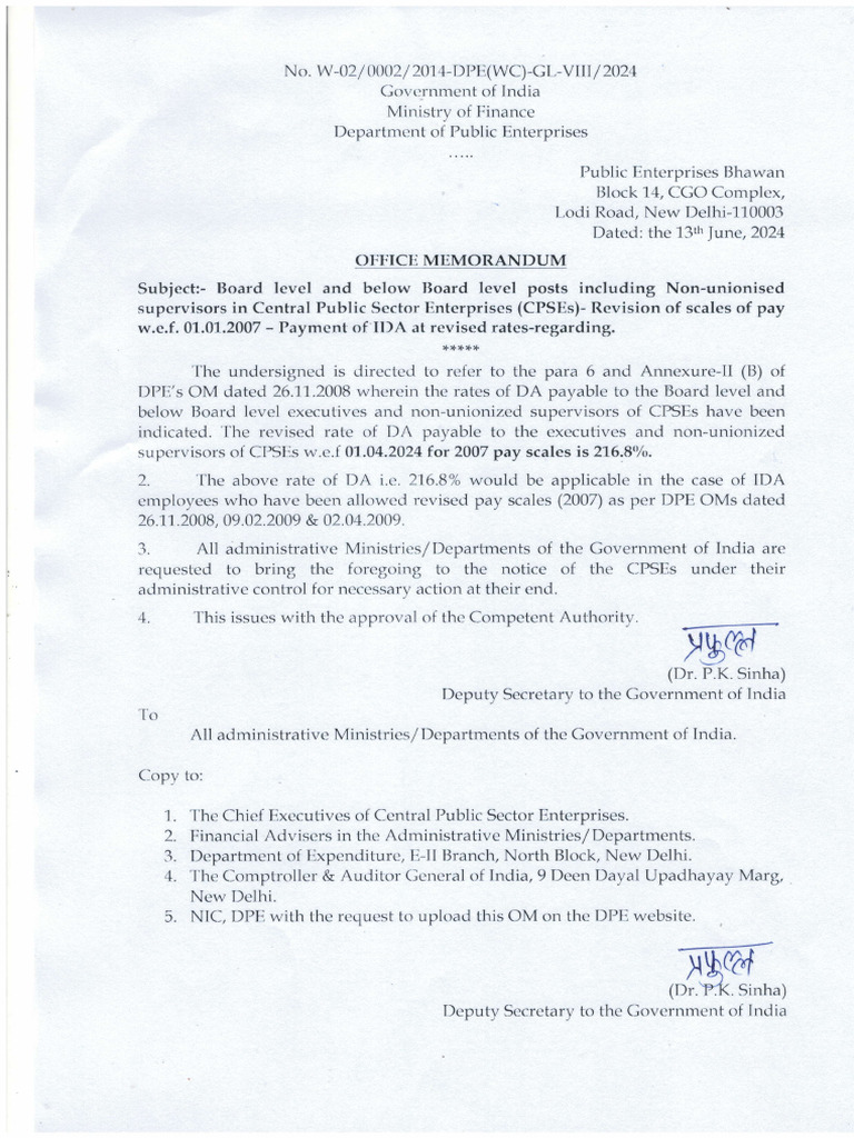 OM 13 June 2024 Regarding 2007 IDA Pay Scale Revised DA Rate PDF
