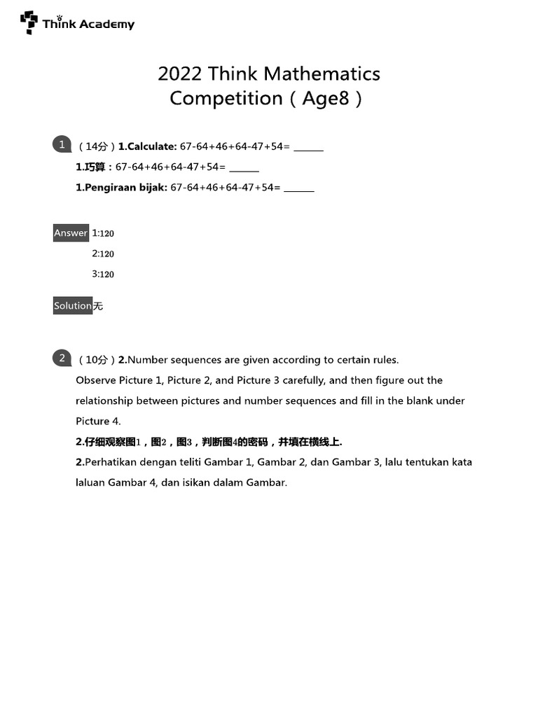 2022 - Think - Mathematics - Competition Solution Age8 | PDF