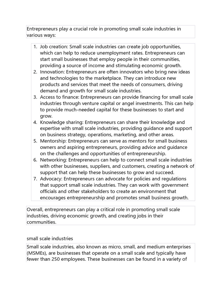 Entrepreneuer Role in Promoting Small Scale Industries | PDF ...