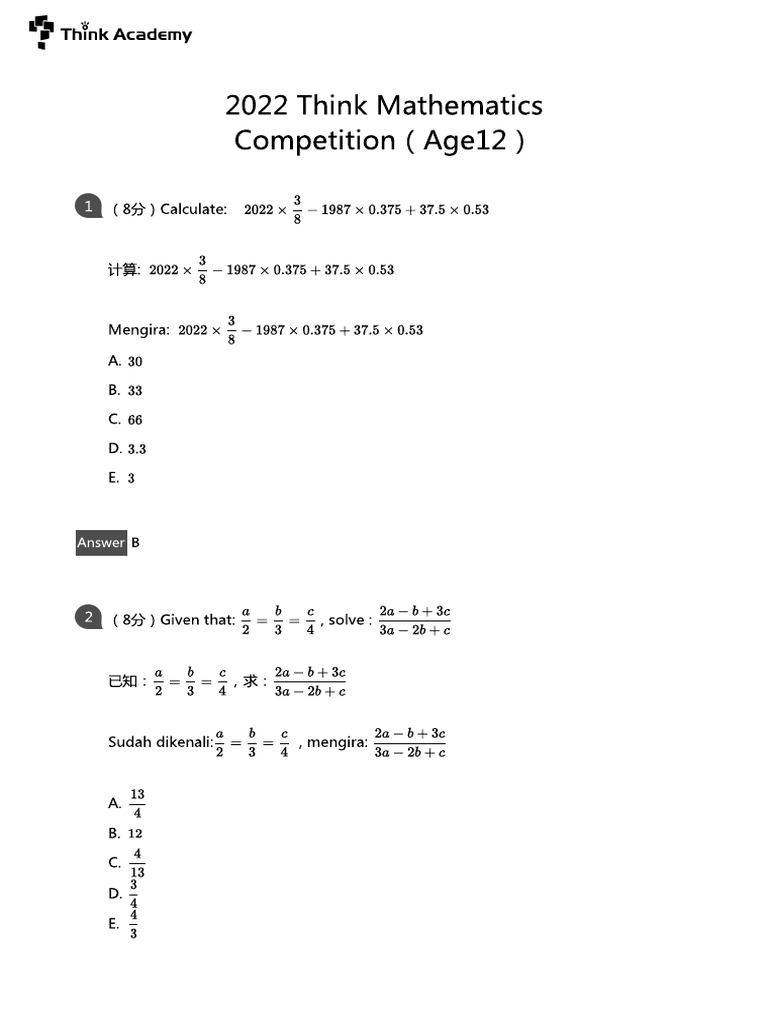 2022 - Think - Mathematics - Competition Solution Age12 | PDF