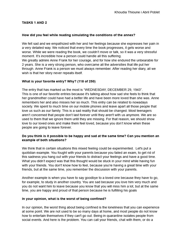 Anne Frank Task 1 and 2 | Download Free PDF | Feeling | Anne Frank