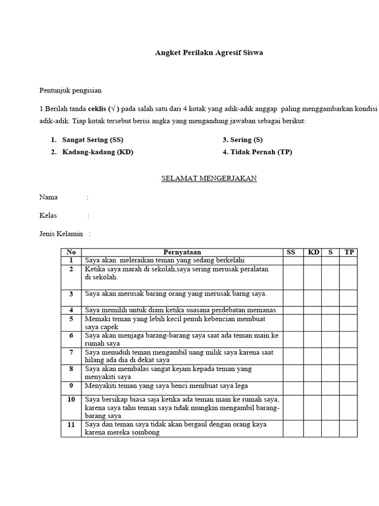 Angket Perilaku Agresif Siswa | PDF
