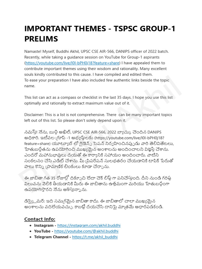 IMPORTANT THEMES - TSPSC GROUP-1 PRELIMS - Without | PDF | Social ...