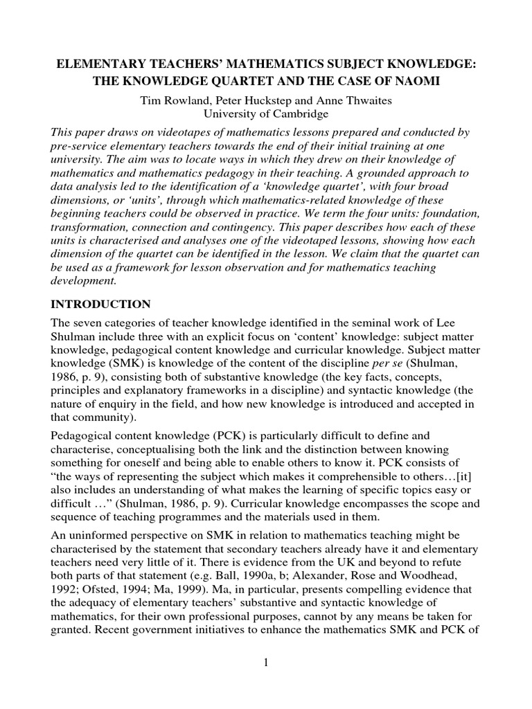 Το Κουαρτέτο Της Γνώσης Του Εκπαιδευτικού - Rowland | PDF | Knowledge ...