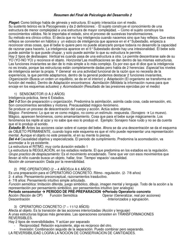 Resumen Del Final de Psicología Del Desarrollo 2 | PDF | Pensamiento | Adolescencia