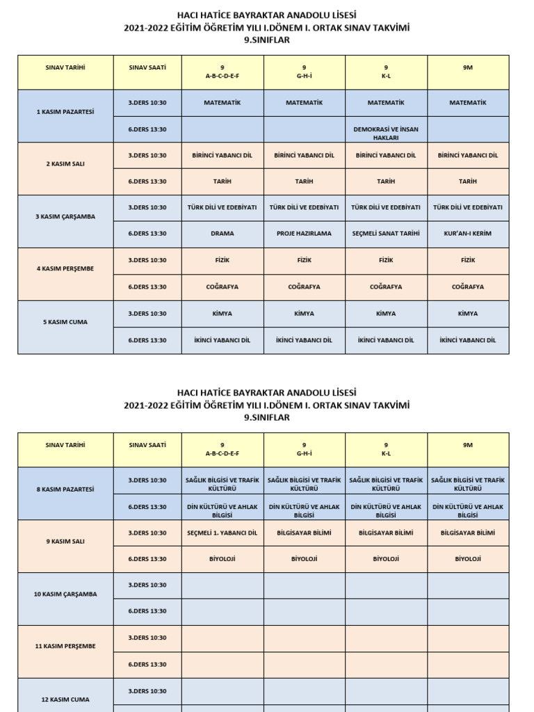 9 SINIFLAR Sinav Programi | PDF