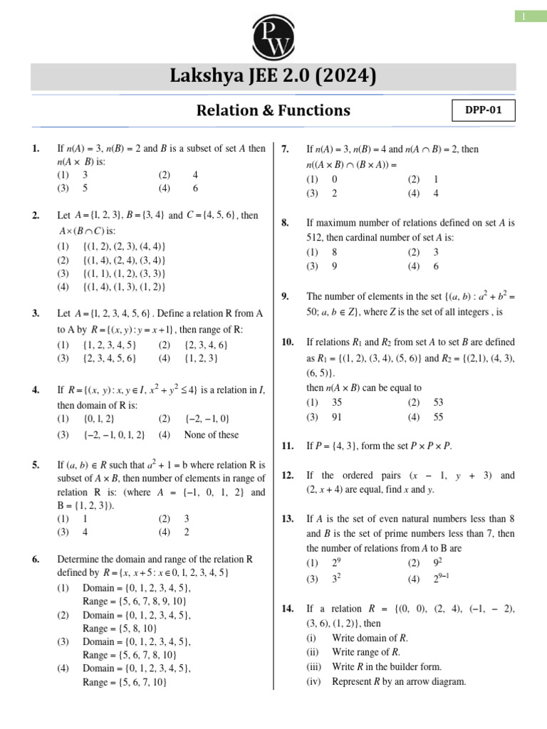 Relations Functions DPP 01 Lakshya JEE 2.0 202464b67820ce893200186474c7 | PDF | Mathematical ...