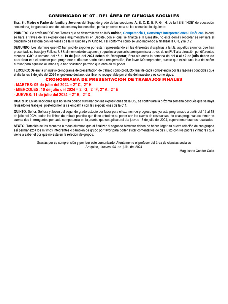 COMUNICADO #7 - Area Cs - SC | PDF | Crecimiento personal y profesional