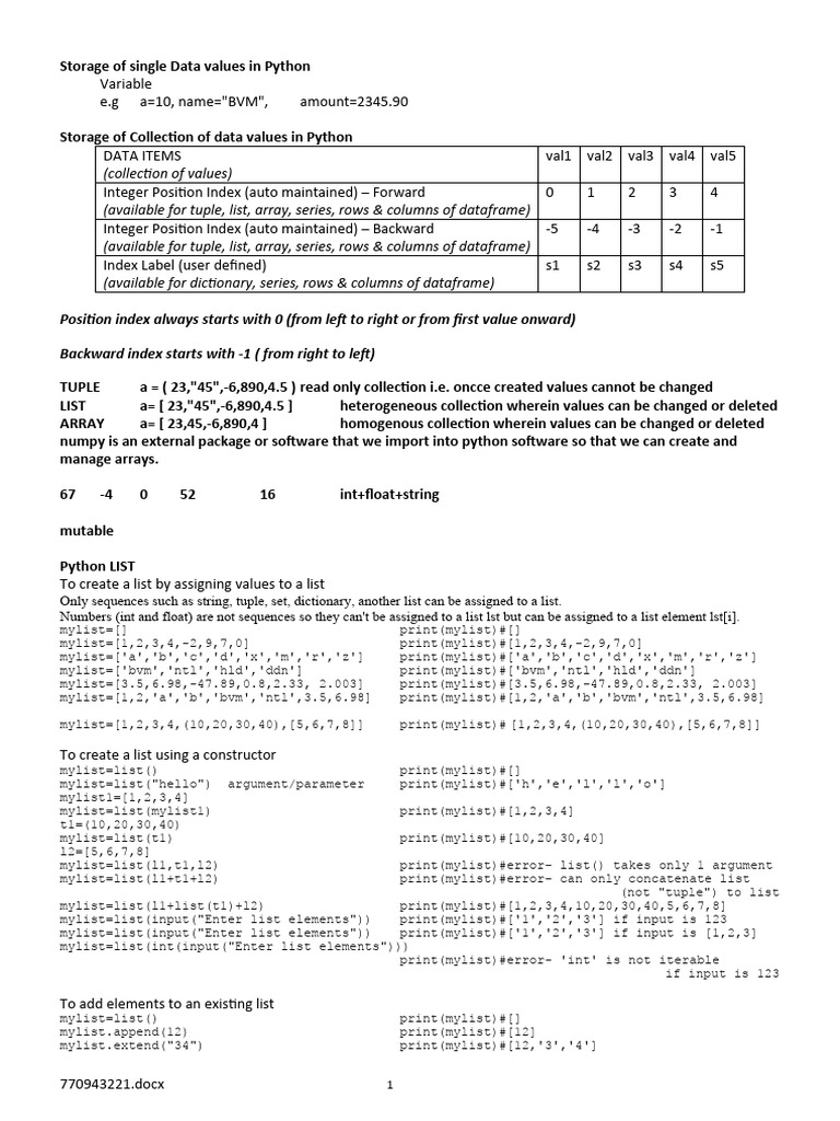 Python Data Storage and Lists Guide | PDF | Boolean Data Type ...