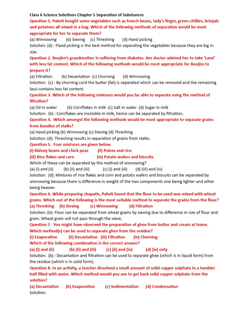 NCERT Science Exempler Chapter 5 Separation of Substances Class 6 | PDF ...
