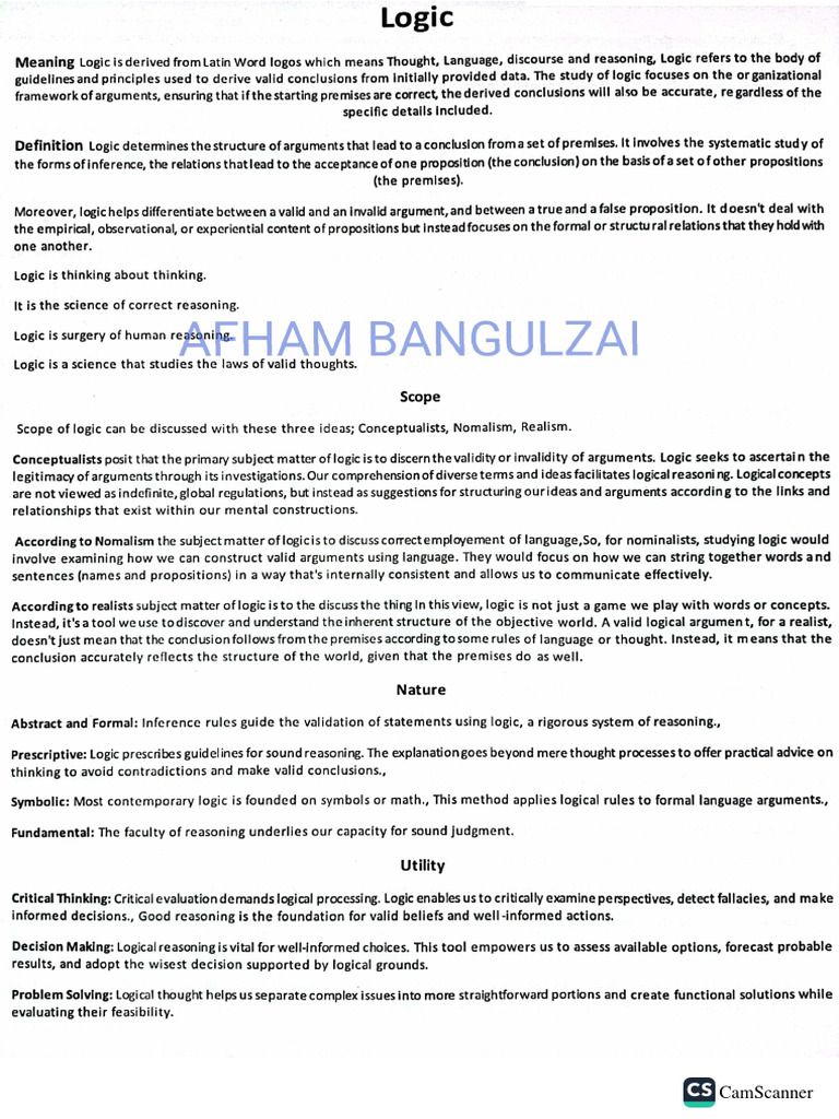 Logic Notes. Afham Bangulzai | PDF