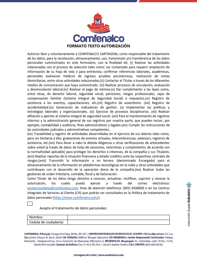 Autorización de Datos Comfenalco | PDF