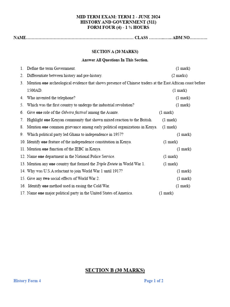 History Form 4 QS Mid T2 Teacher - Co - .Ke | PDF | Kenya | Africa