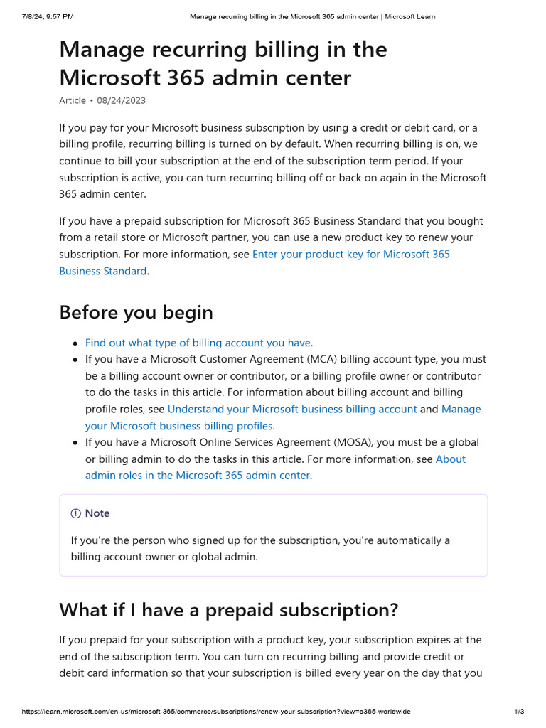 Manage recurring billing in the Microsoft 365 admin center | Download Free PDF | Subscription ...