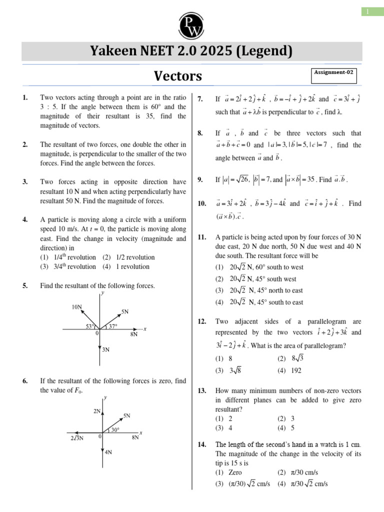 Vectors Assignment 02 (Only PDF) Yakeen NEET 2.0 2025 | PDF | Force ...