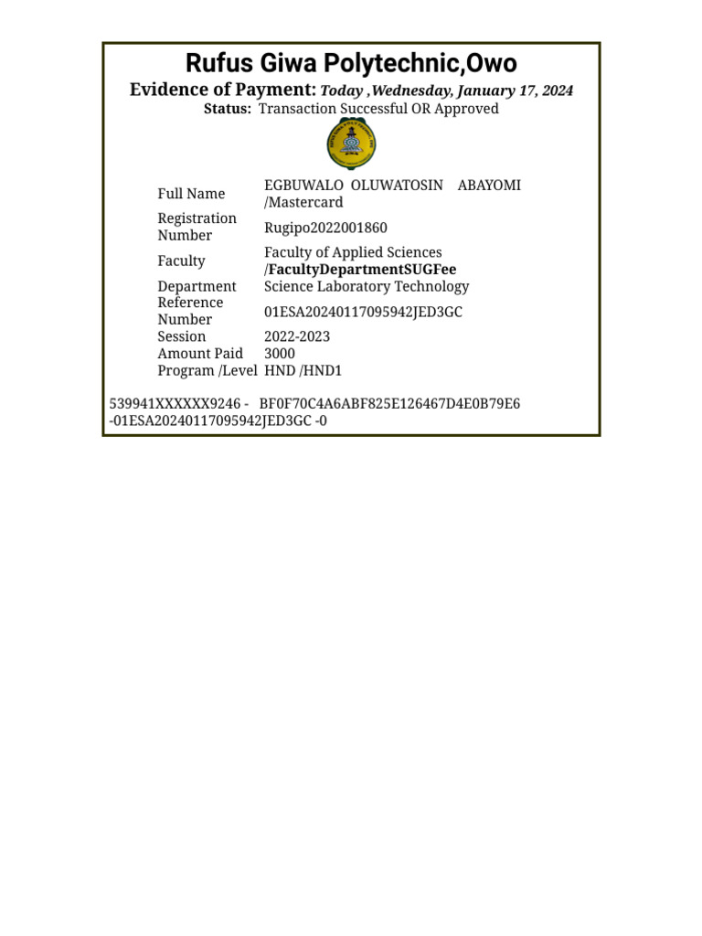 Rufus Giwa Polytechnic Payment Receipt | PDF