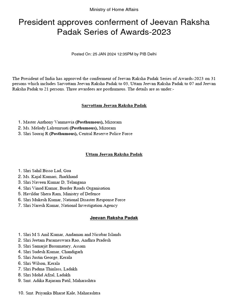 Jeevan Raksha 2024 | PDF | Government Of India