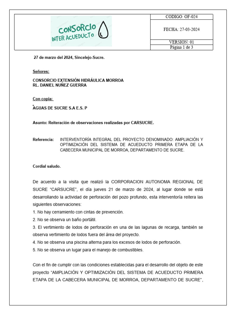 Oficio Interventoria 024 | PDF