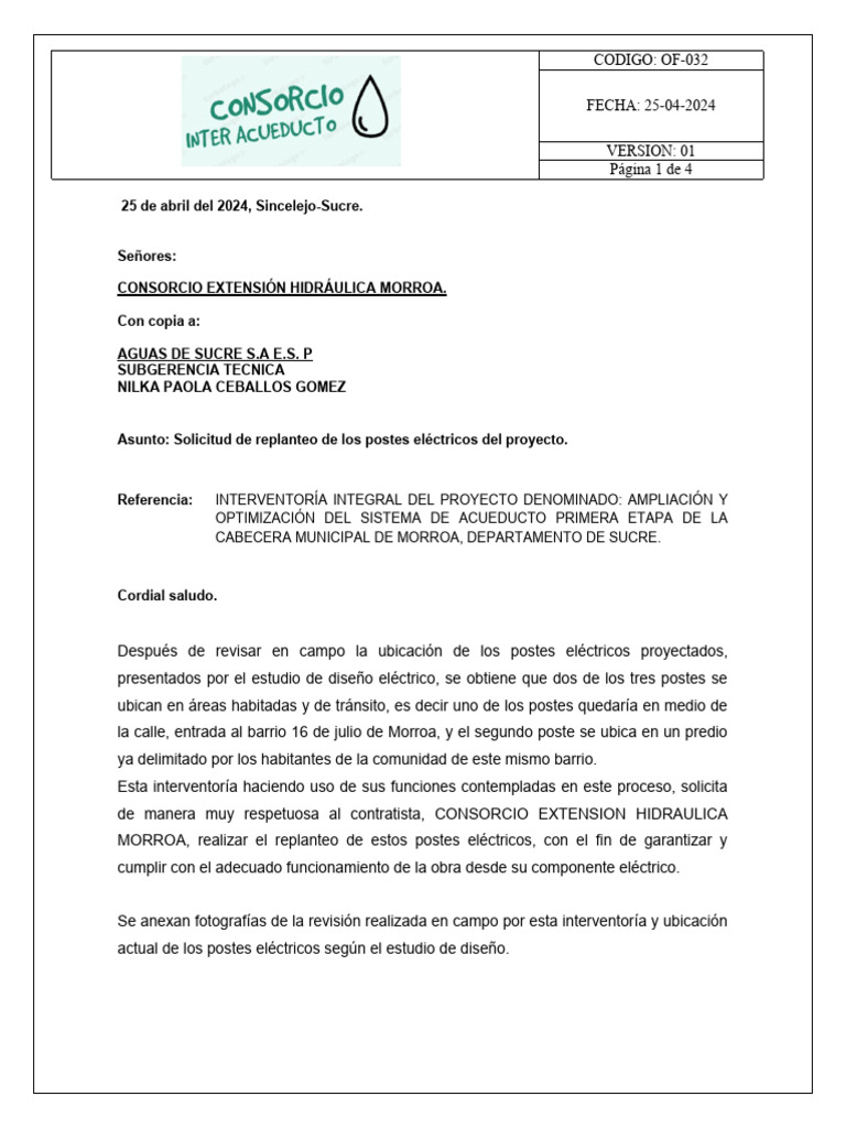 Oficio de Interventoria 032 | PDF