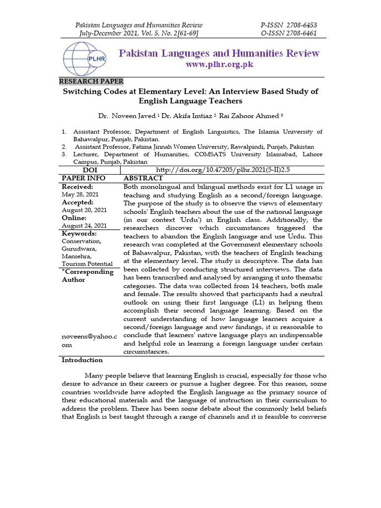 Switching Codes at Elementary Level An Interview Based Study of English ...