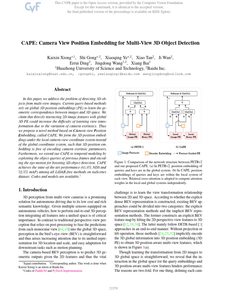 Xiong CAPE Camera View Position Embedding For Multi-View 3D Object Detection CVPR 2023 Paper ...