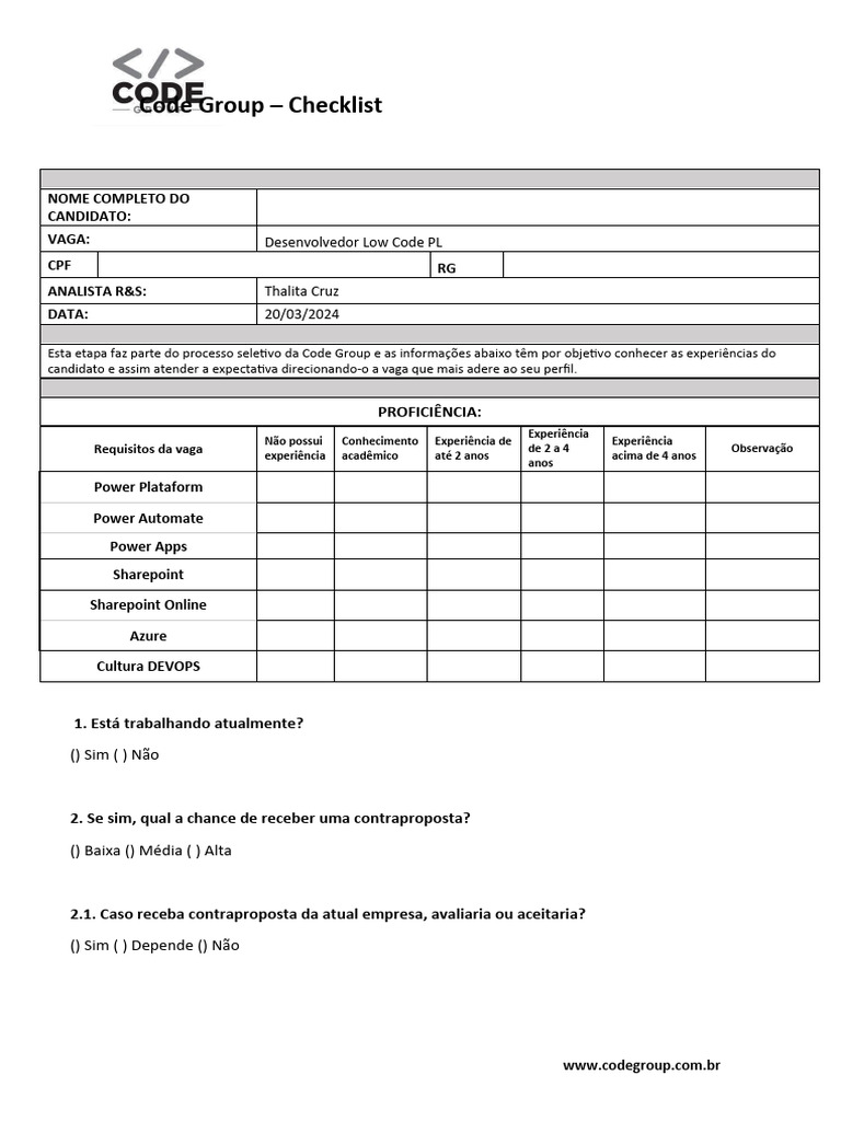 CODE GROUP - CHECKLIST - LOW CODE PL - NOME CDD (Modelo) | PDF | Carreira e Crescimento